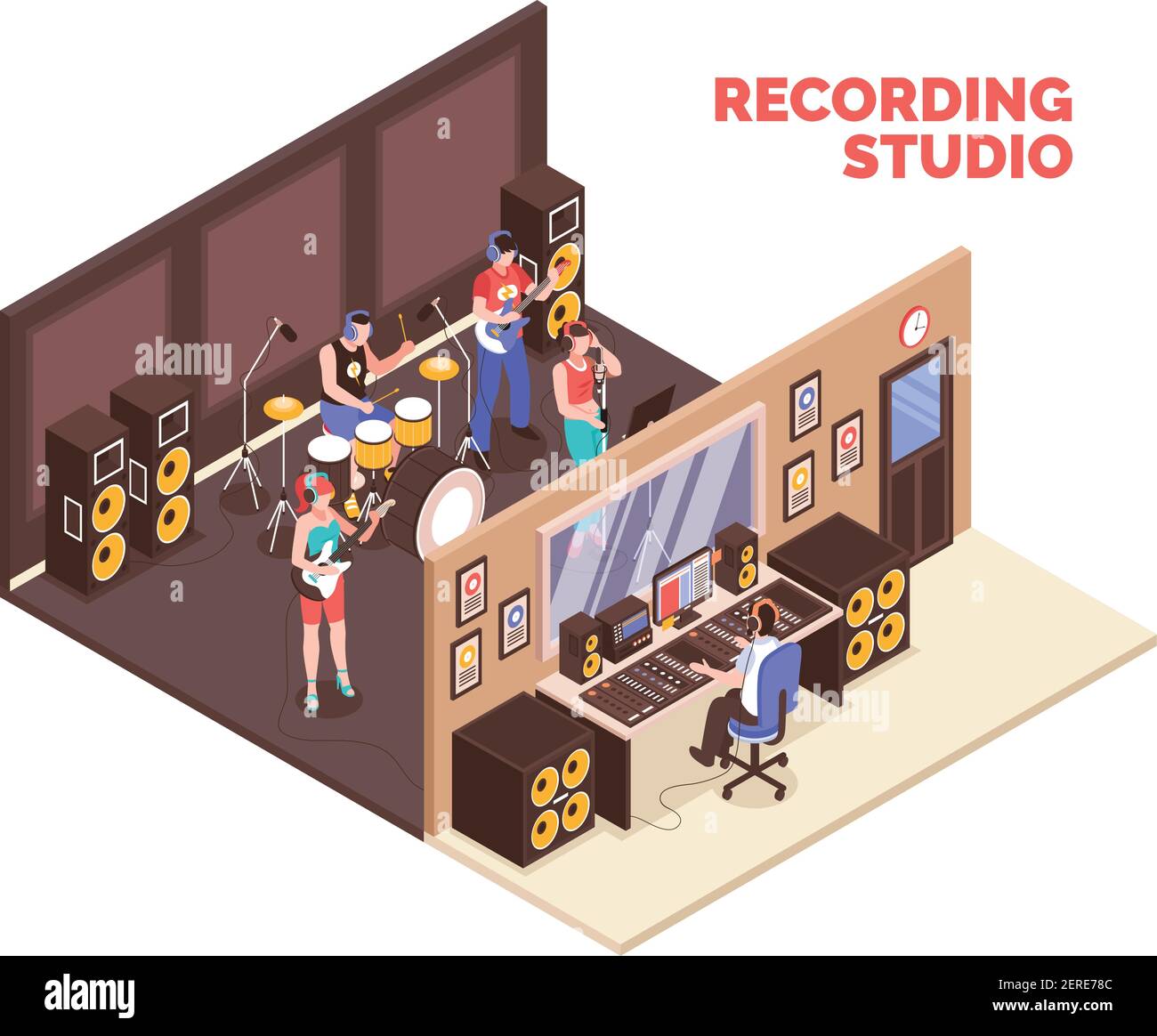 Band playing musical instruments and singing in recording studio 3d ...