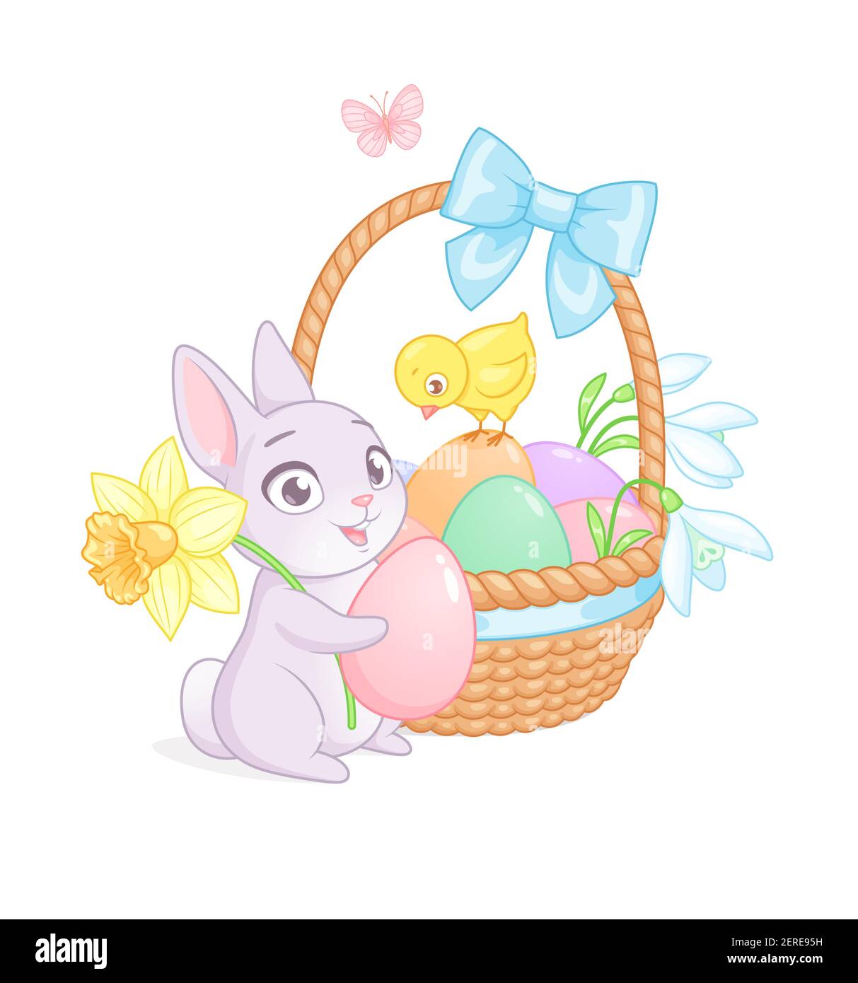 Cute Easter bunny and chick with basket full of eggs and flowers ...