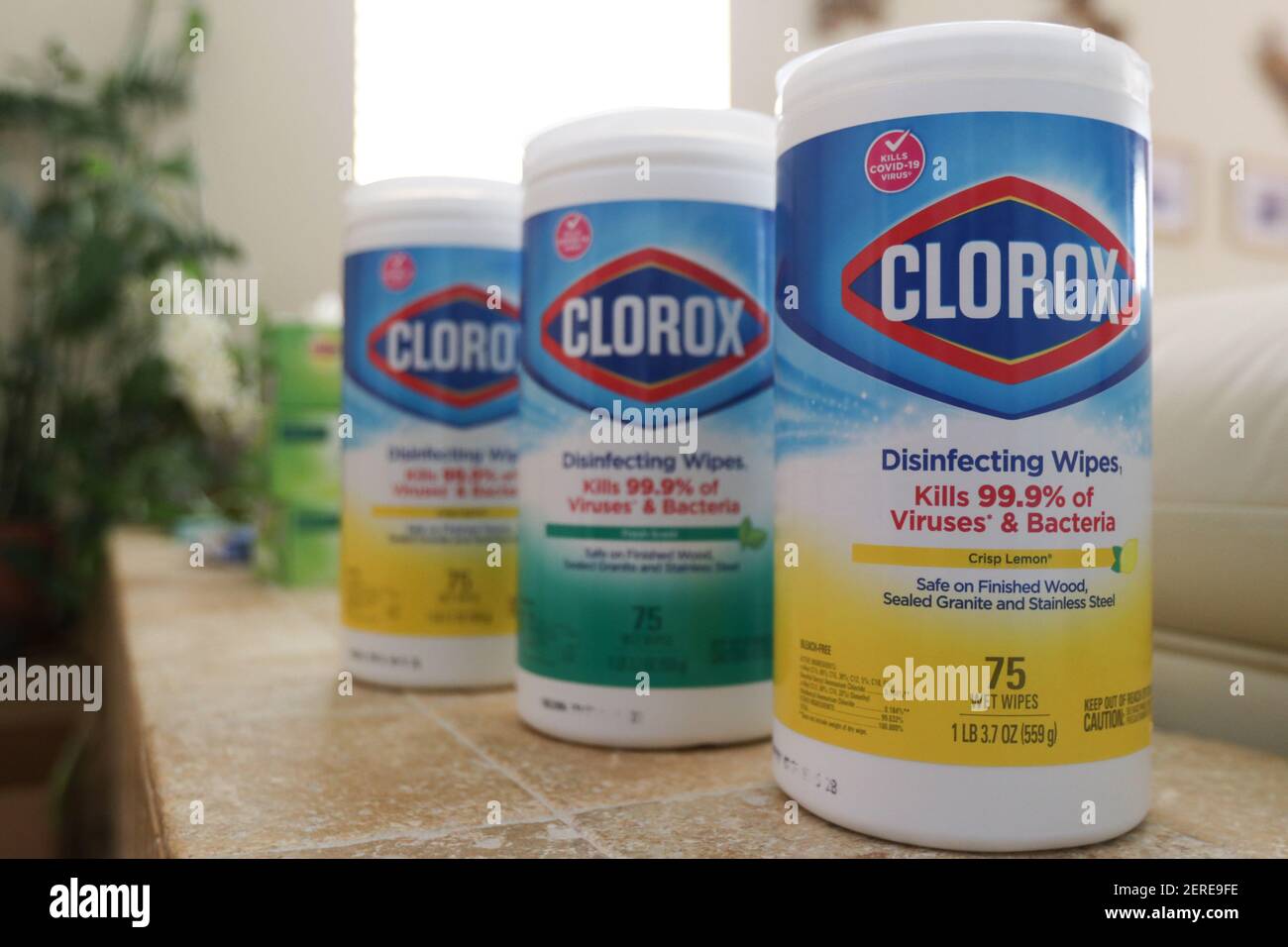 February 28, 2021: Containers of Clorox wipes sit inside a home in San ...