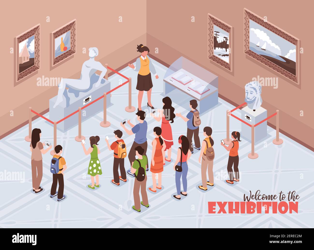 Isometric guide excursion museum background composition with text and ...