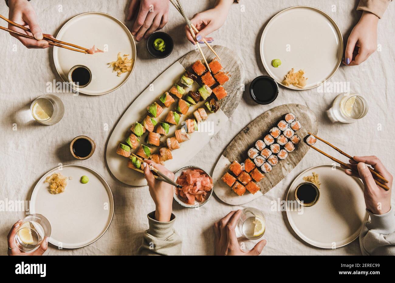 Lockdown home dinner with Japanese sushi maki from delivery or takeaway ...