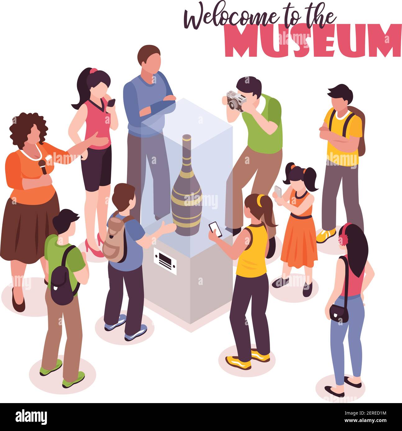 Isometric guide excursion background with ornate text and group of ...