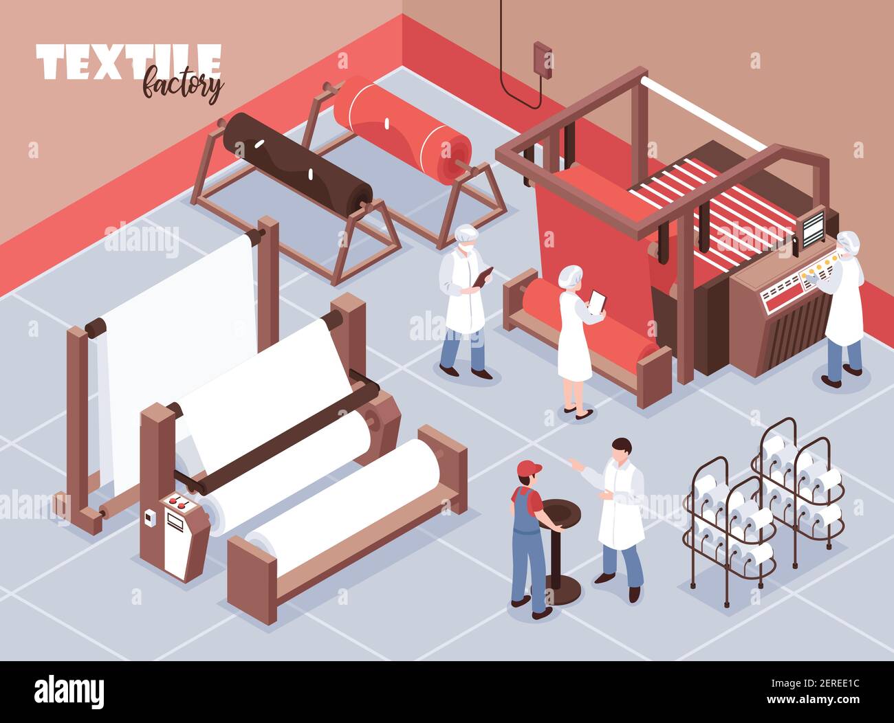 Textile factory staff and various weaving machines 3d isometric vector ...