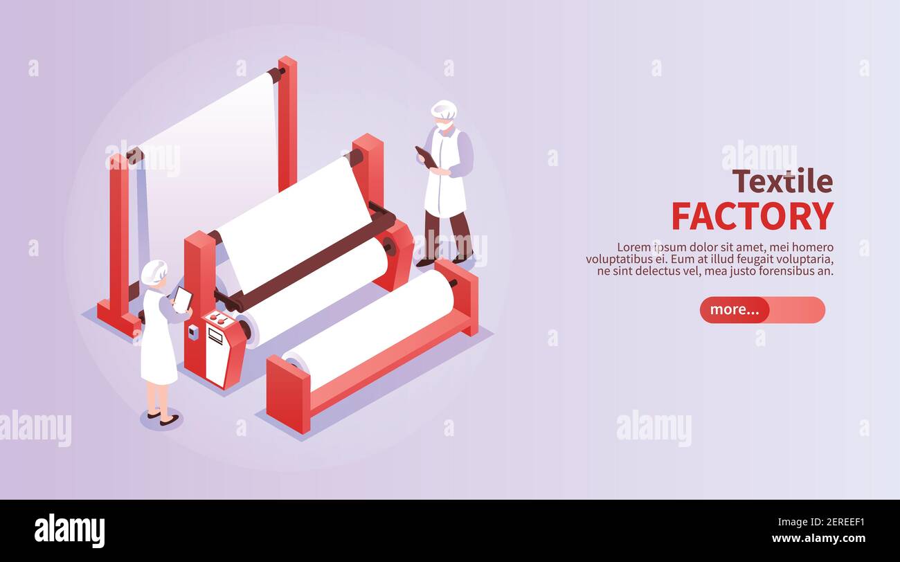 Isometric horizontal banner with textile factory workers and equipment ...