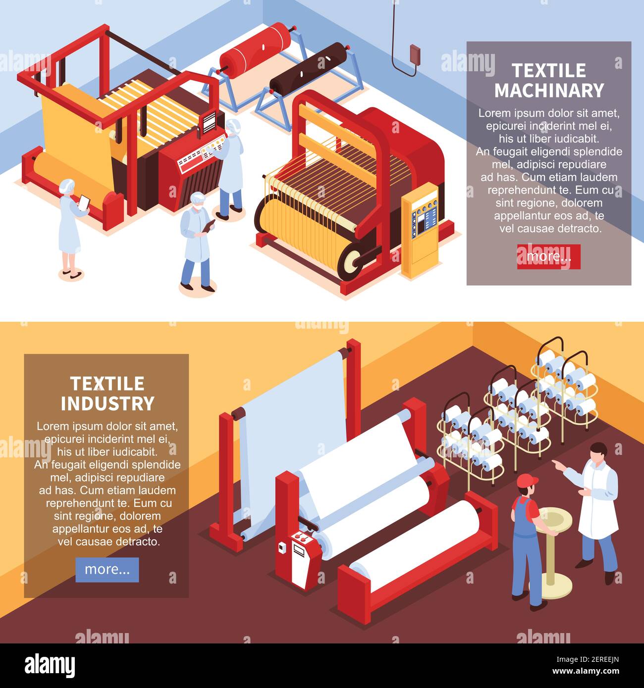 Set of two horizontal isometric textile industry banners with factory ...
