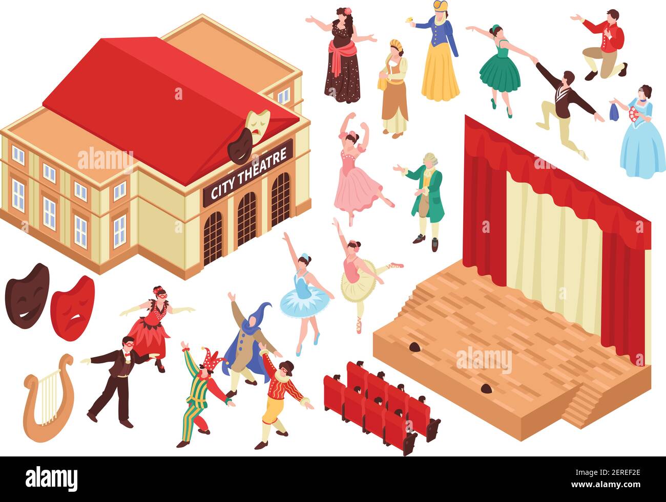 Isometric opera theatre set with isolated images of theater building ...