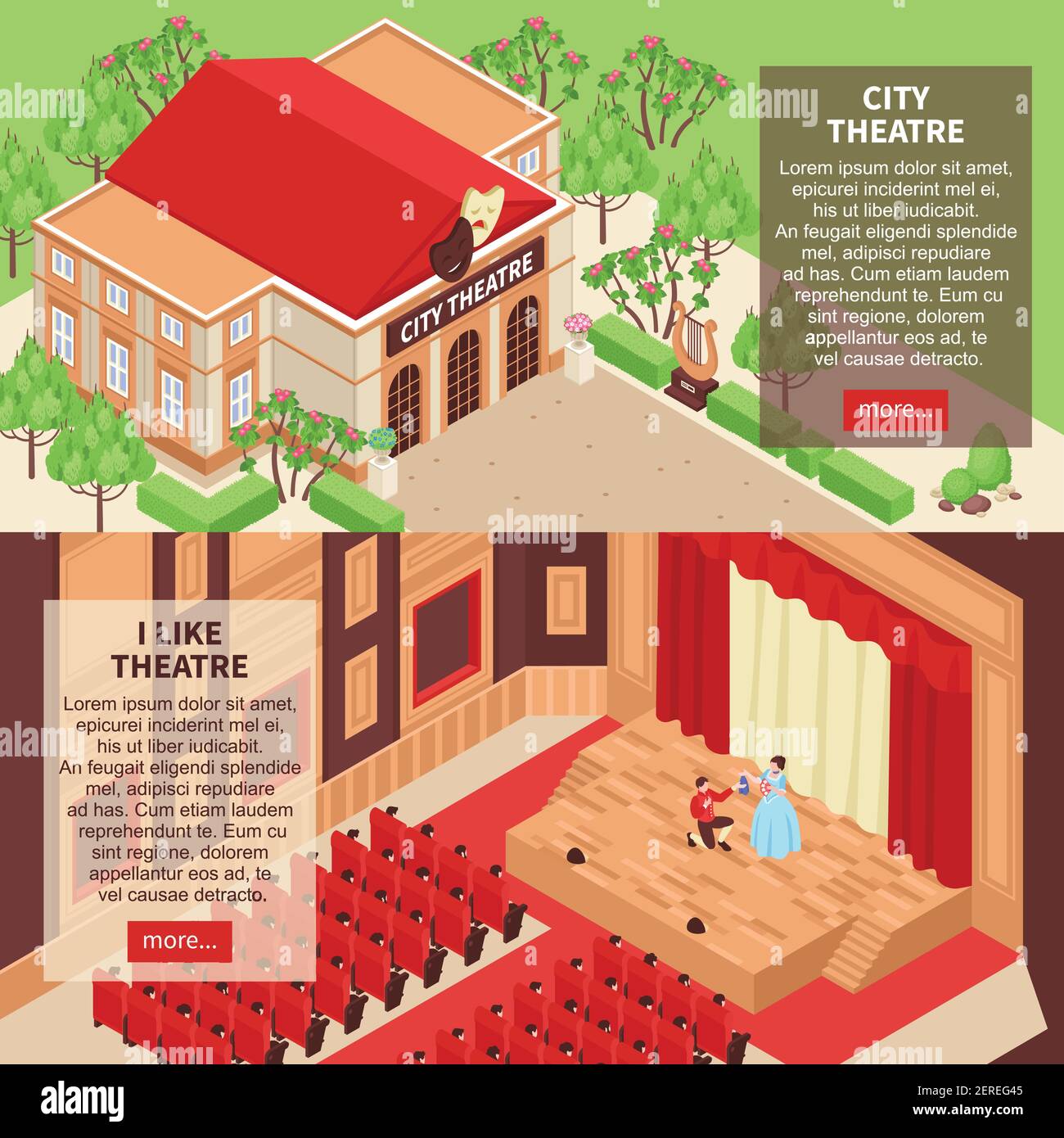 Set of two horizontal isometric banners with city theatre building and ...