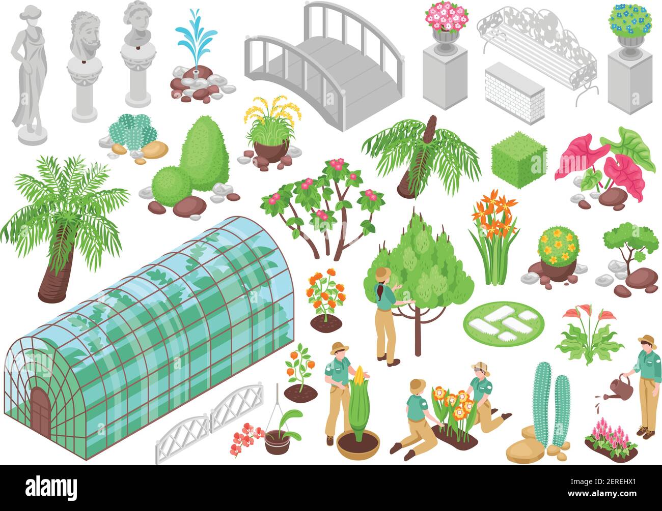 Isometric icons set with various trees plants flowers and decorations ...