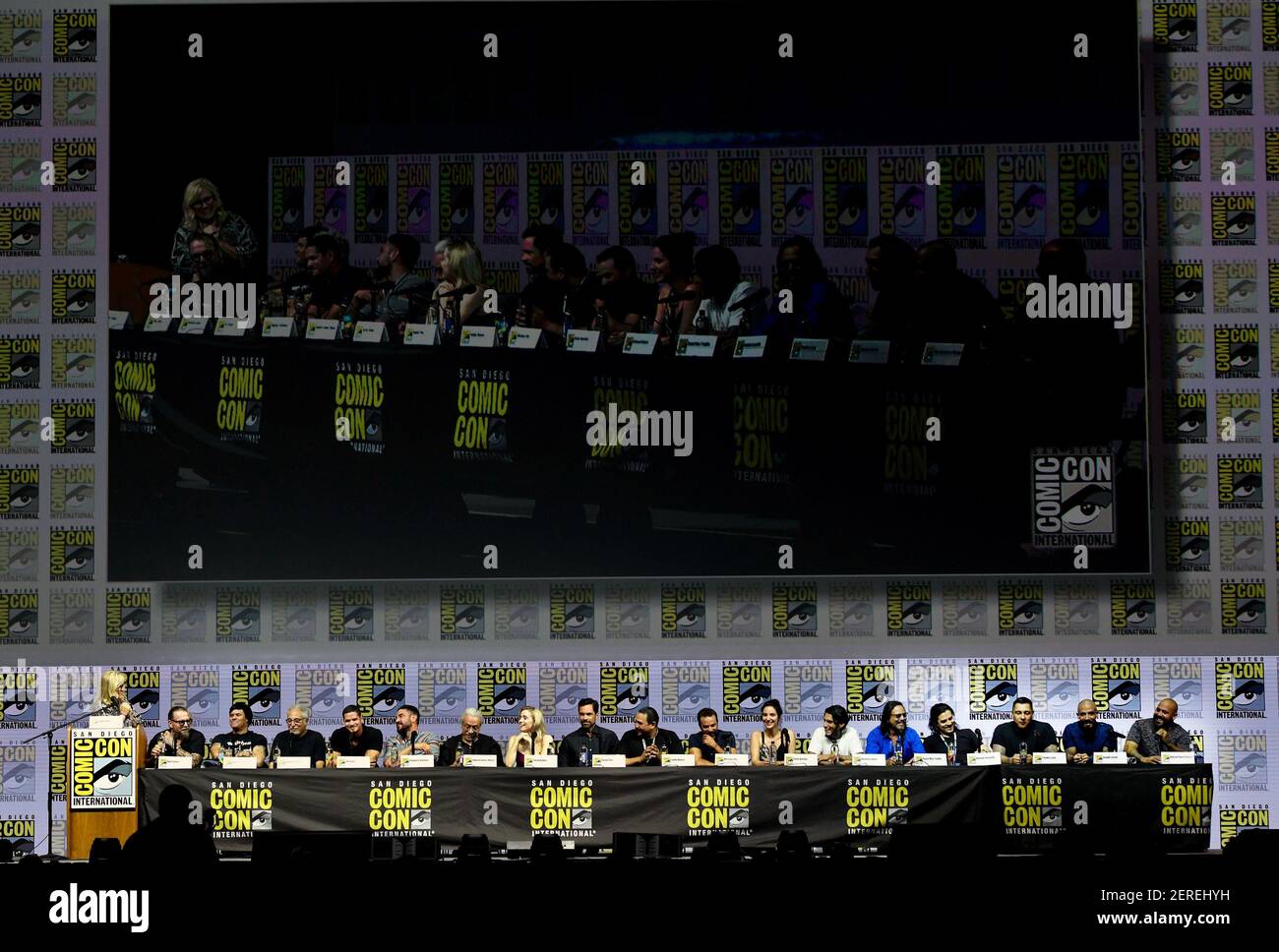 SAN DIEGO - JULY 22: (L-R) Moderator Lynette Rice, creators Kurt Sutter ...
