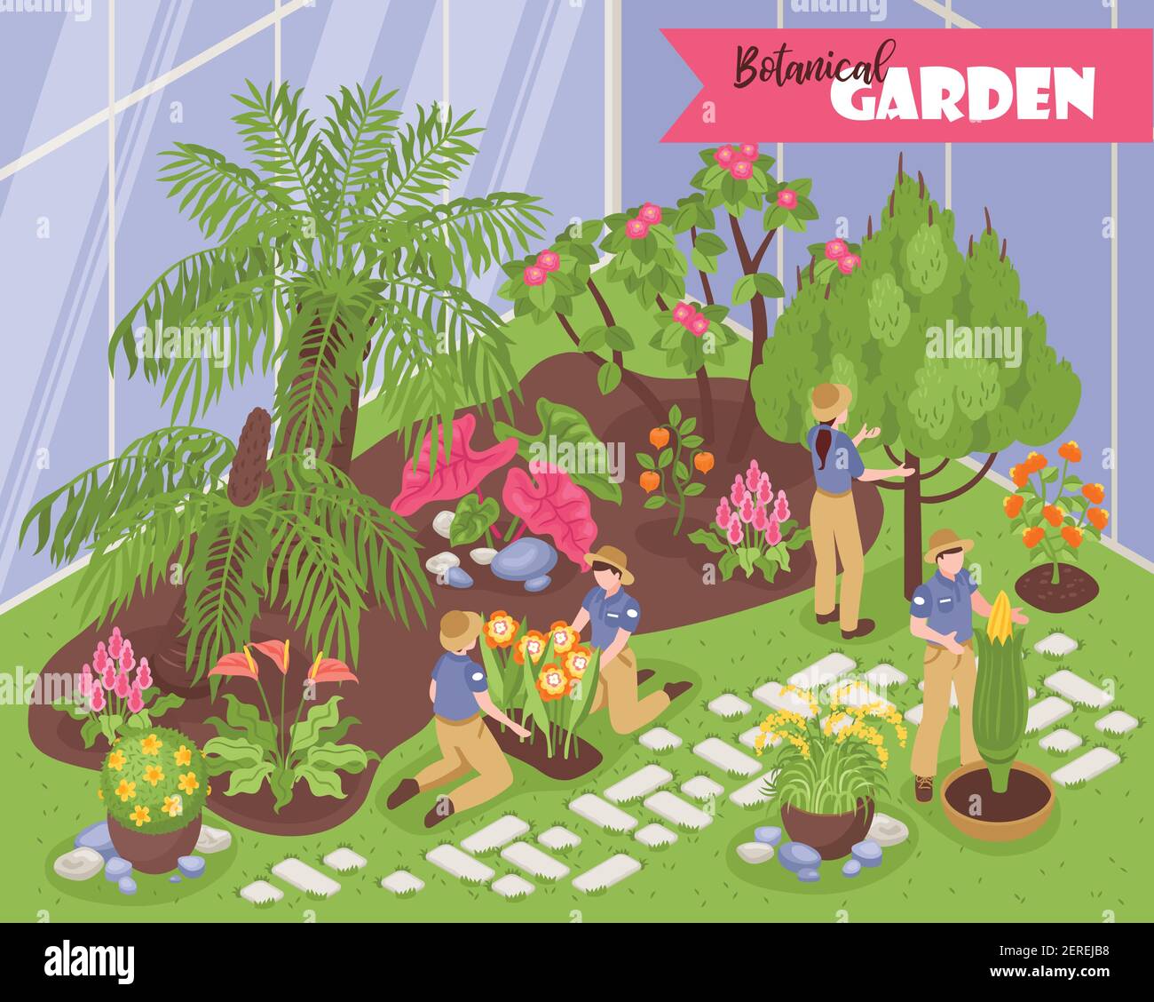 Isometric botanical garden composition with editable ornate text and ...