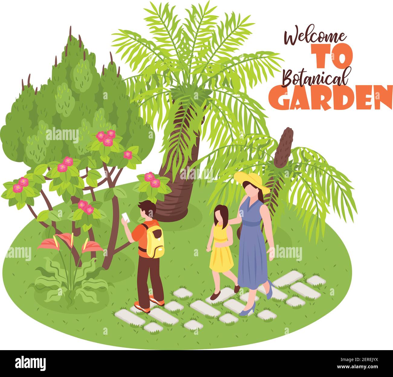 Isometric botanical garden background with view of wild nature park ...