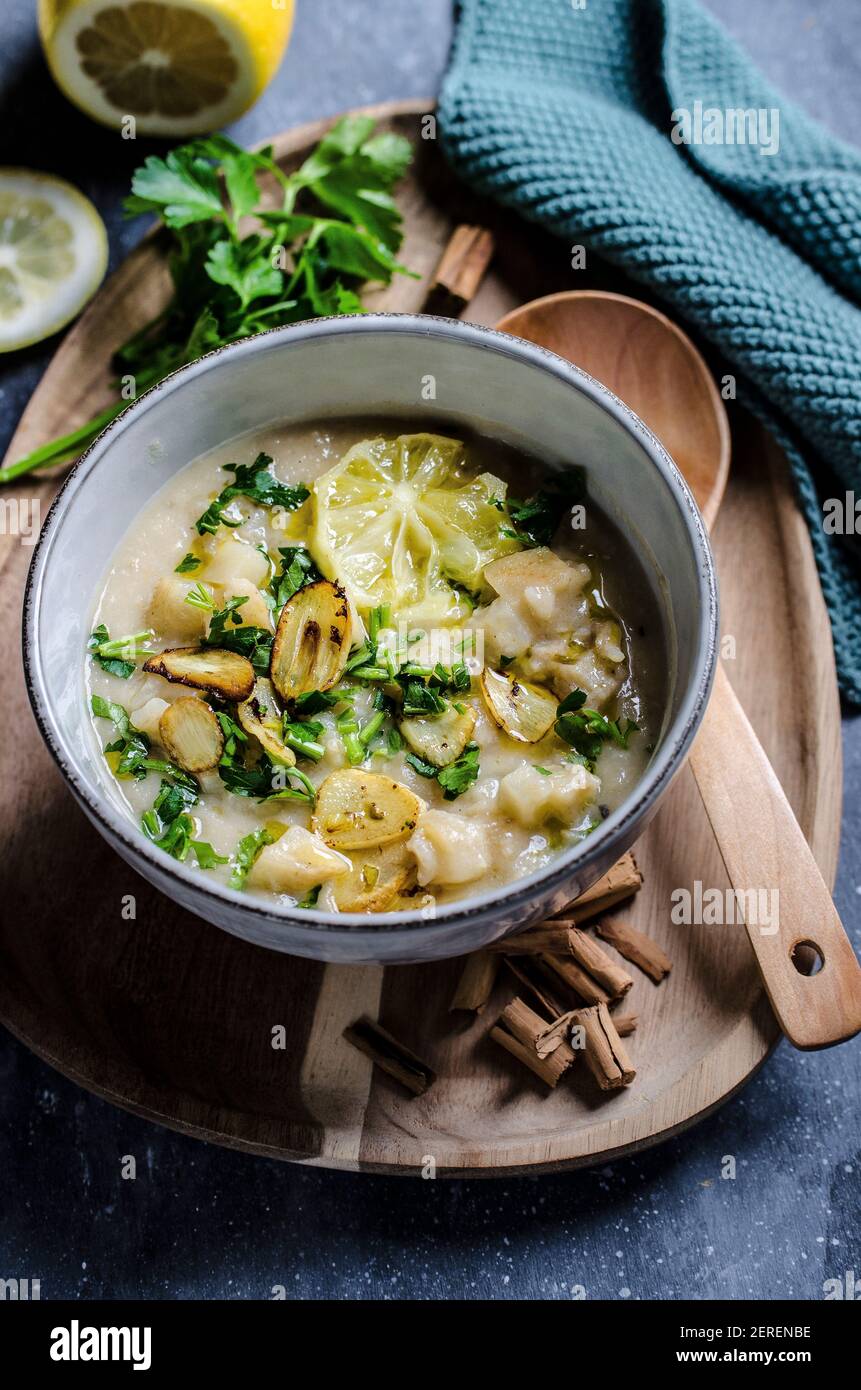 Celery and rice soup with lemon Stock Photo - Alamy