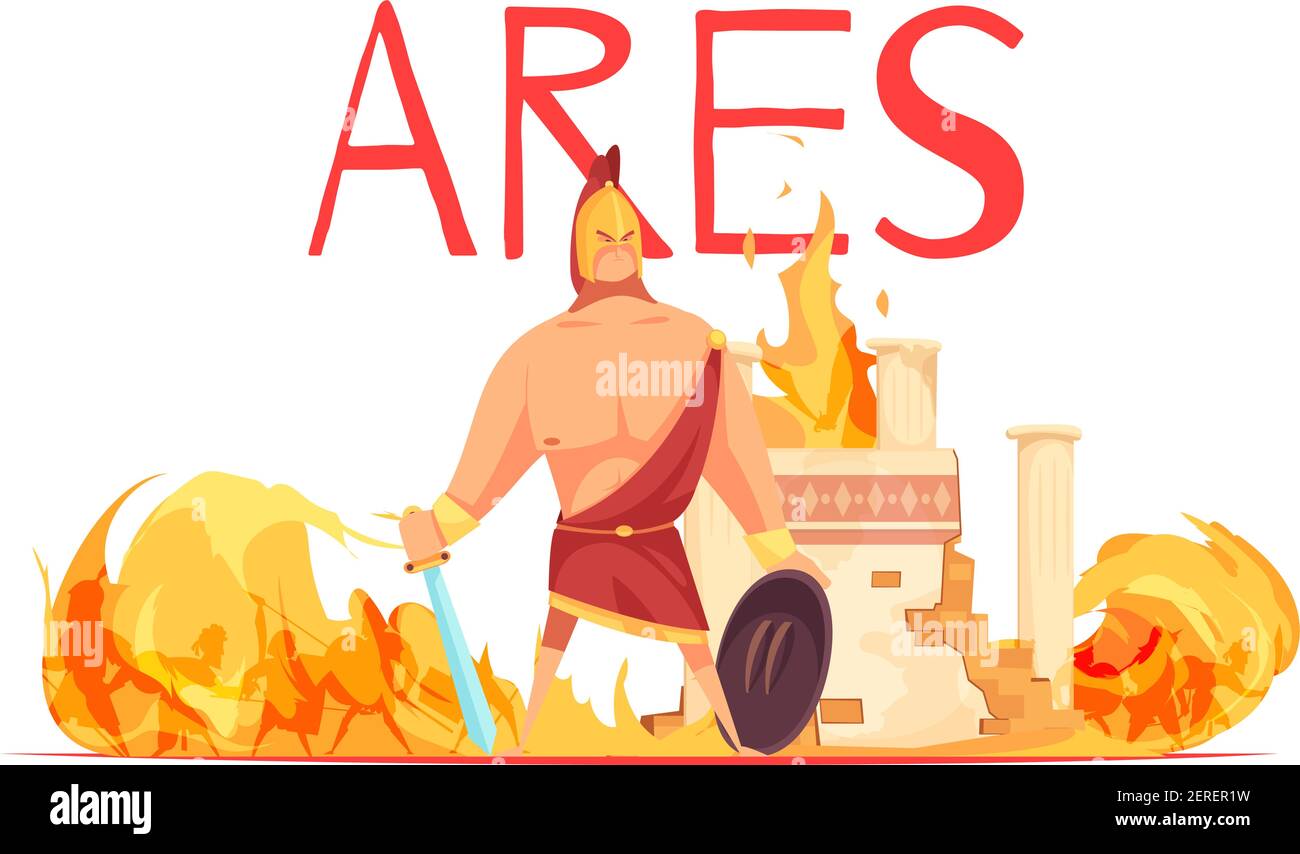 Ancient greece olympian god of war ares in helmet with sword amidst ...