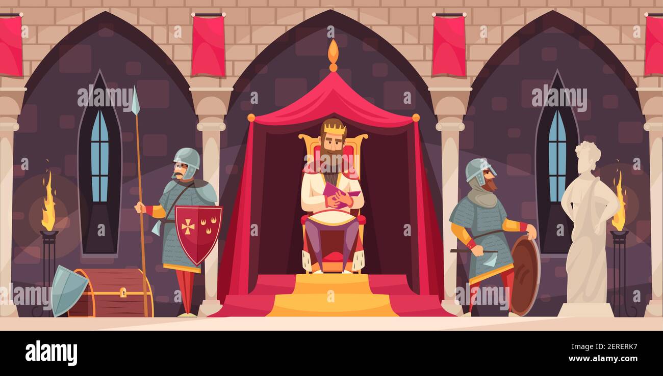 Medieval castle interior flat cartoon composition with king throne ...
