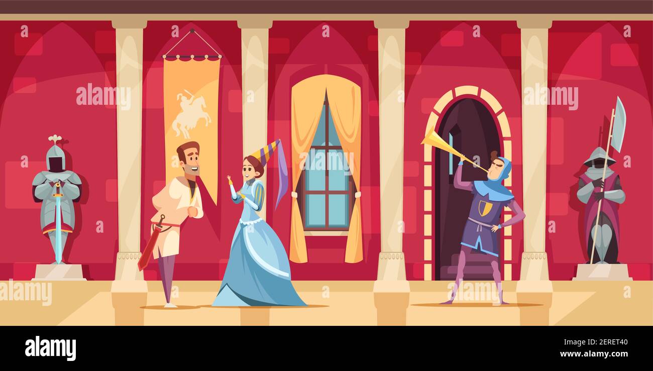 Medieval castle hall interior flat carton composition set with lord ...