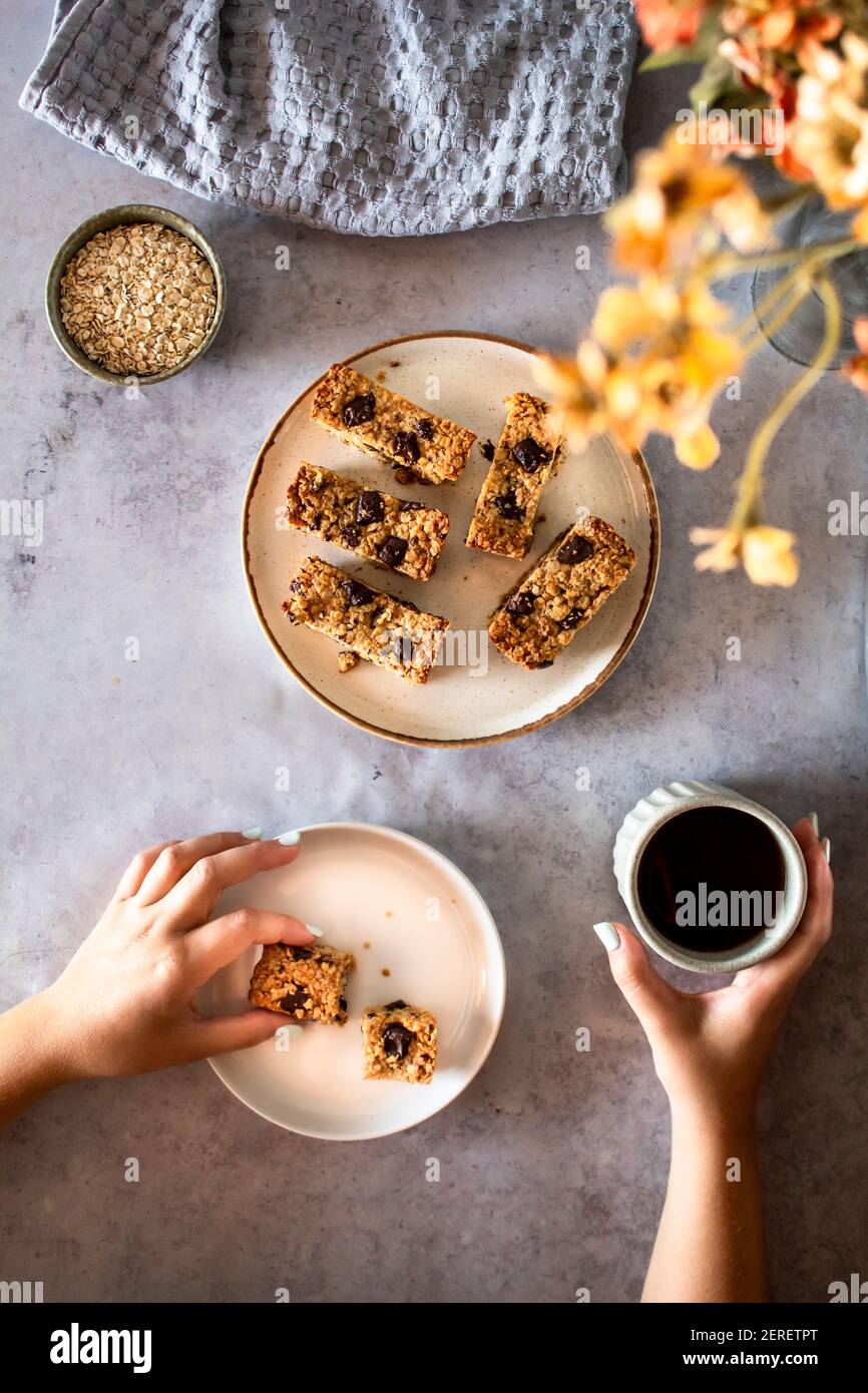Morning scene with coffee and breakfast bars Stock Photo - Alamy