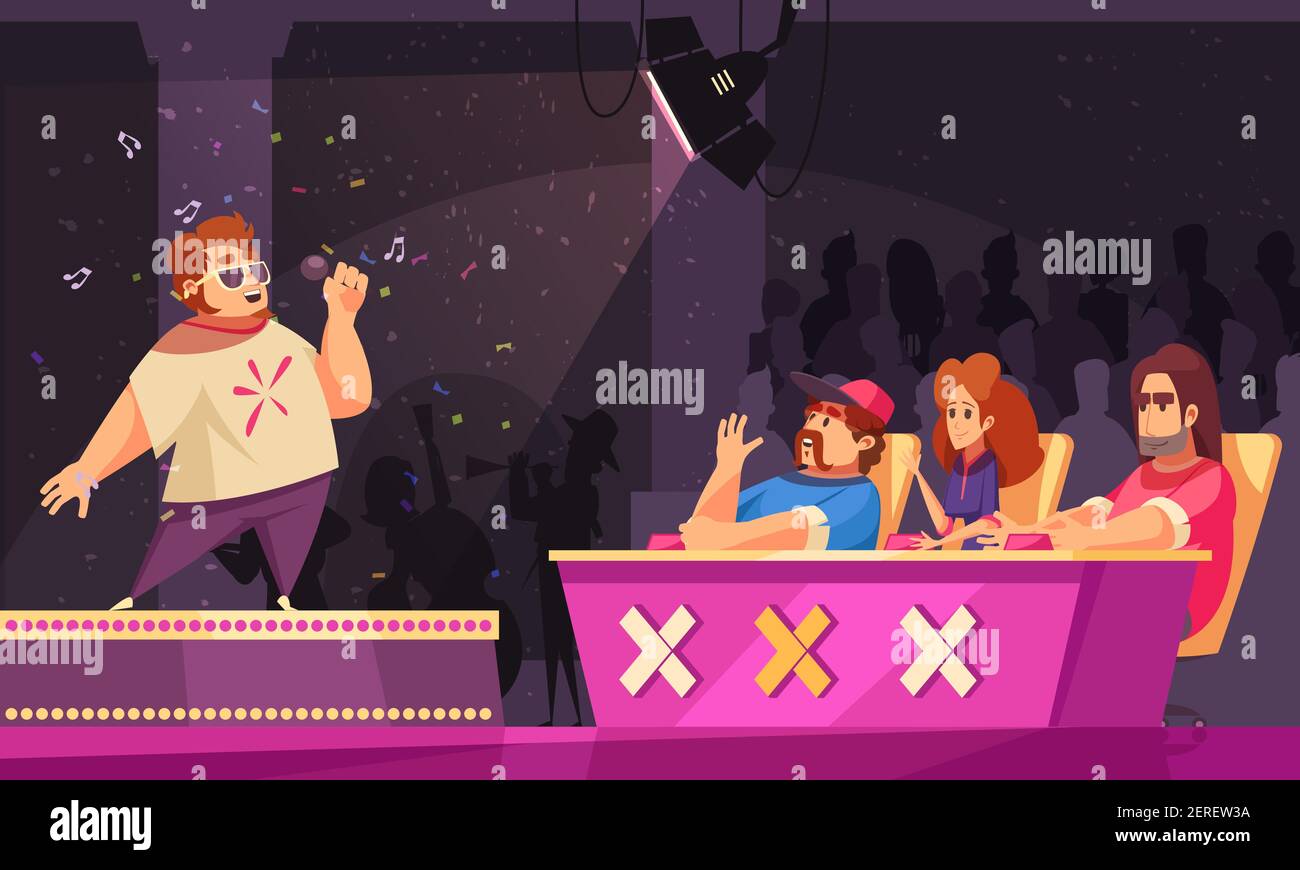 Tv singing talent show flat cartoon composition with contestant ...