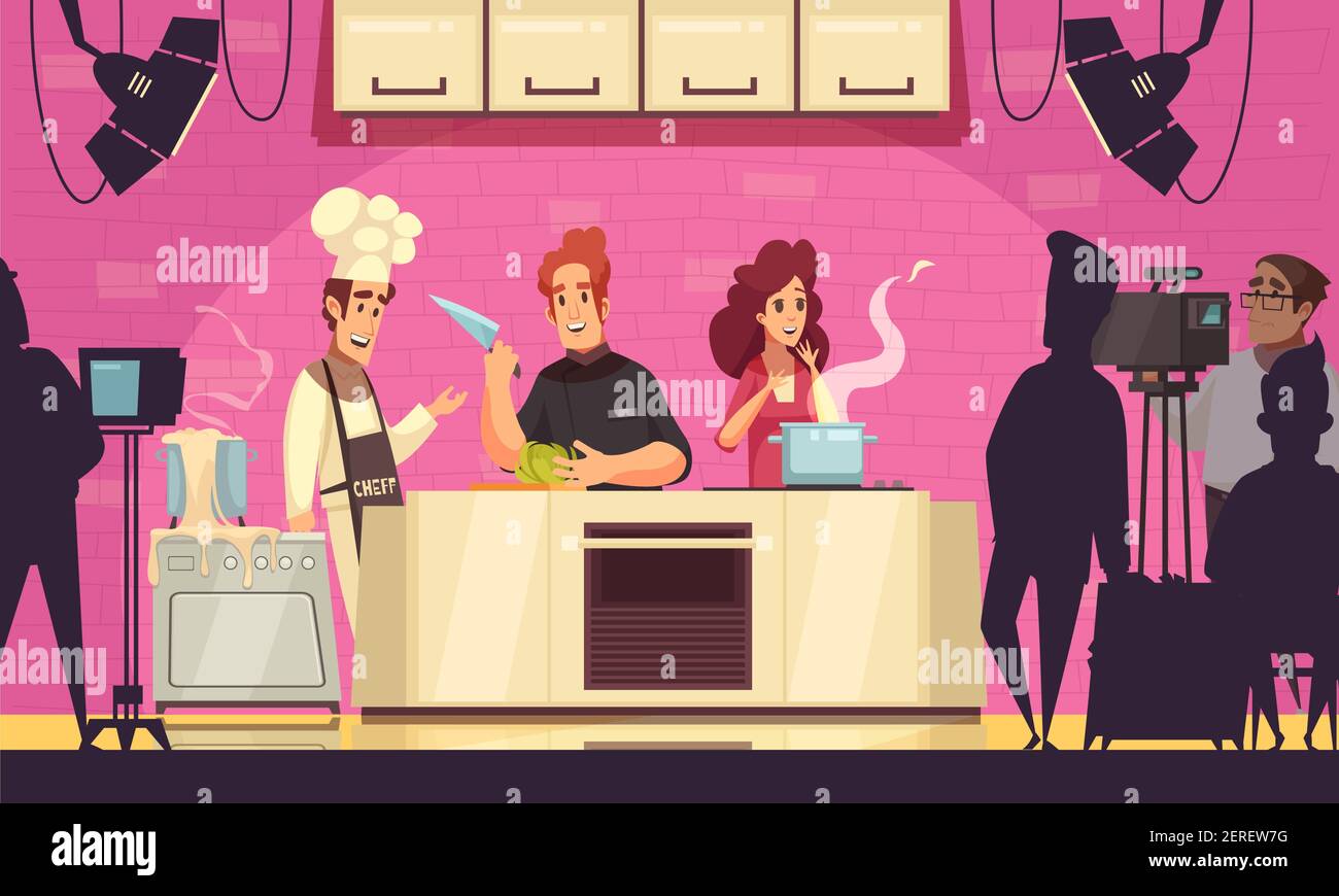 TV cooking show contest cartoon composition with participants making ...