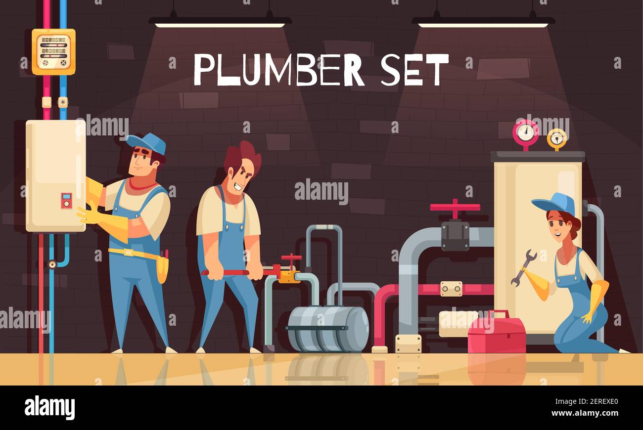 Plumbers team fixing leakage in boiler room cartoon composition with ...