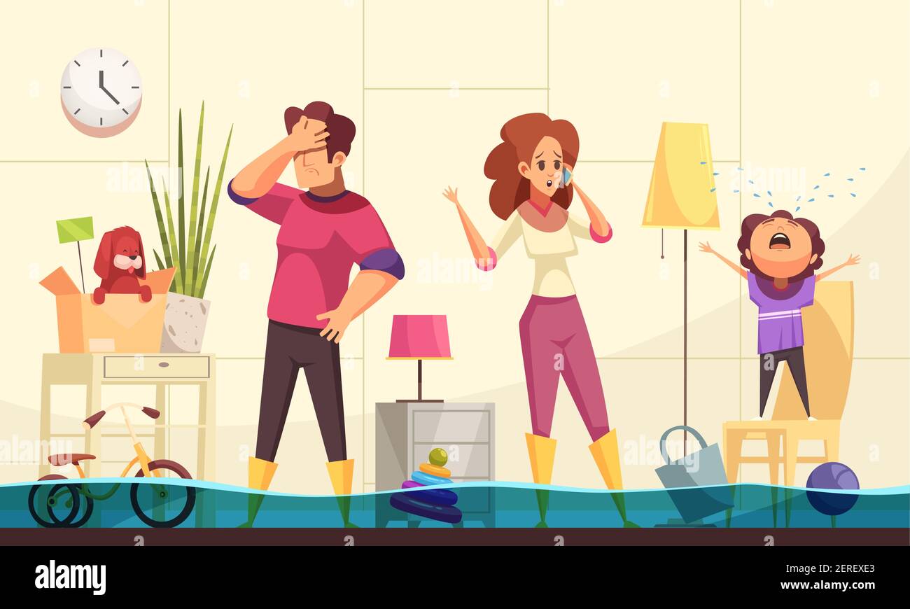 Flooded house emergency flat cartoon image with family home calling ...