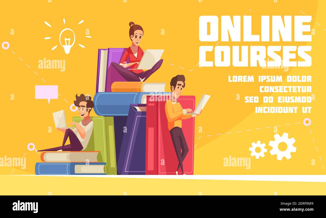 Online courses cartoon advertising web page with students sitting on ...