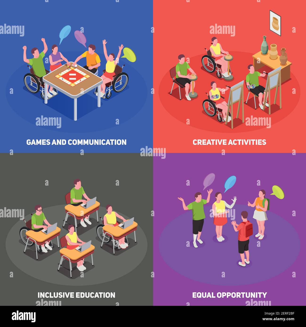 Colorful isometric 2x2 icons set with people at school with inclusive ...