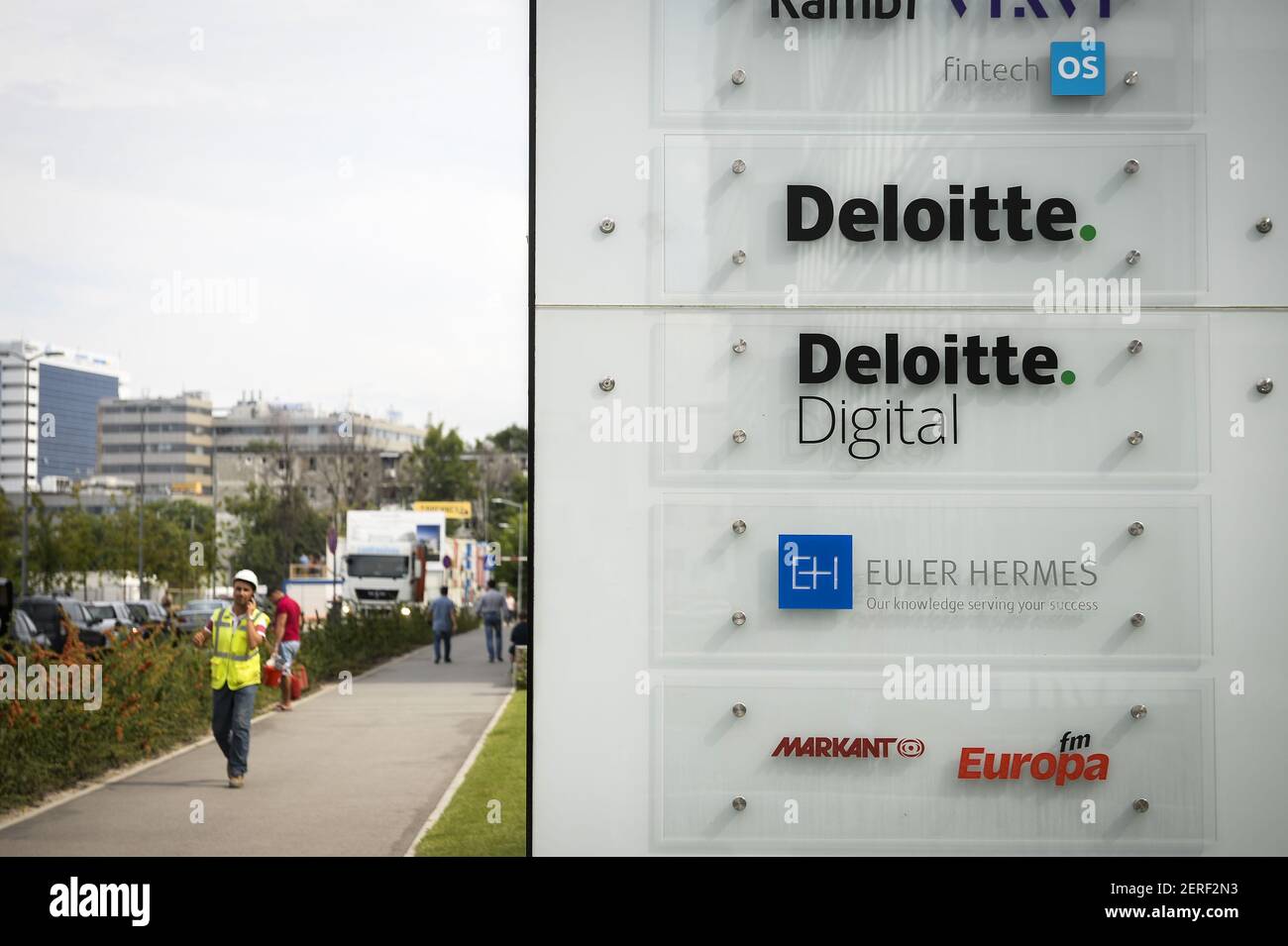Deloitte consultancy logos are seen at the Oregon Park business park in ...