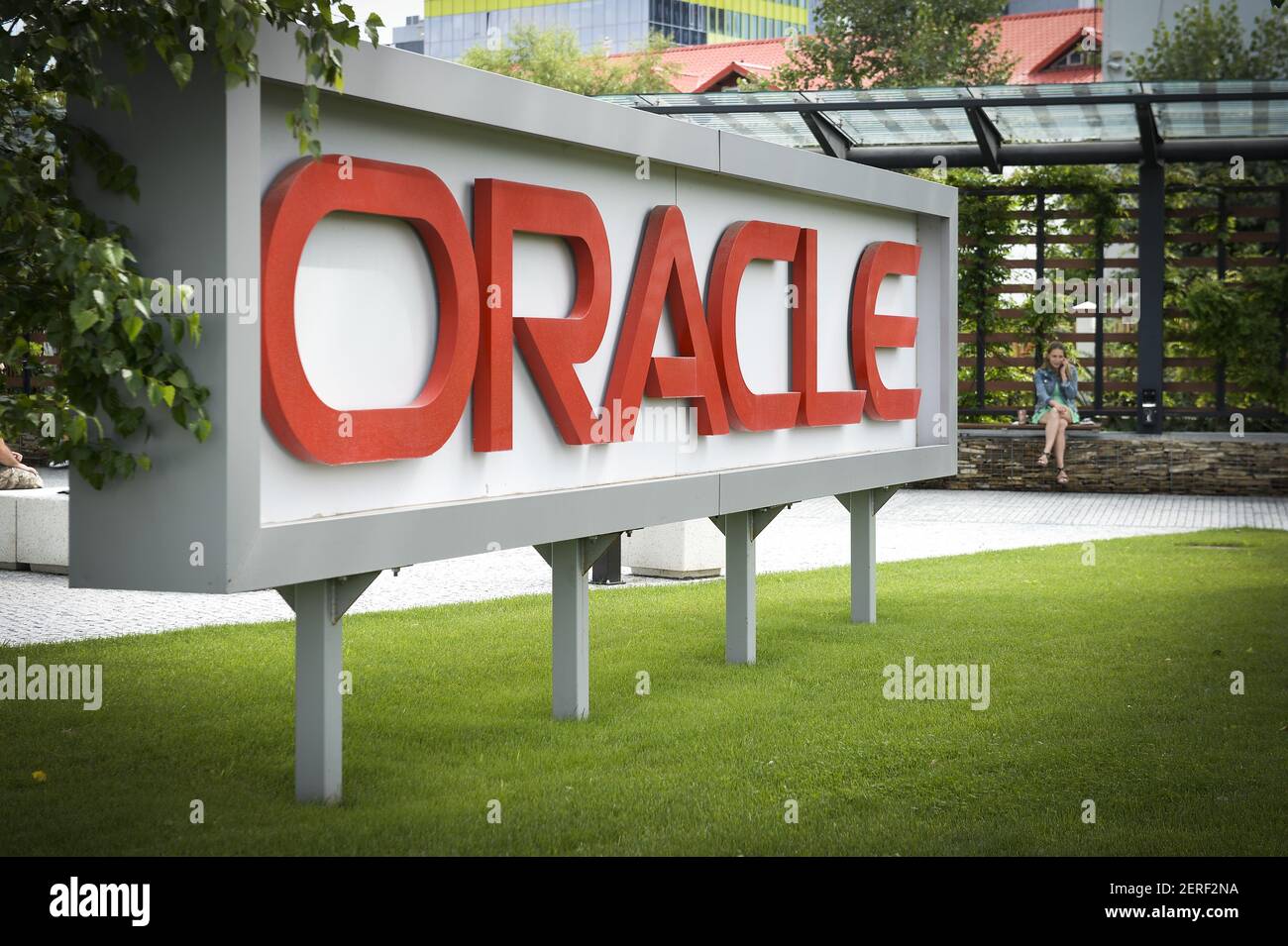 The Oracle Corporation logo is seen at their local offices in Bucharest ...