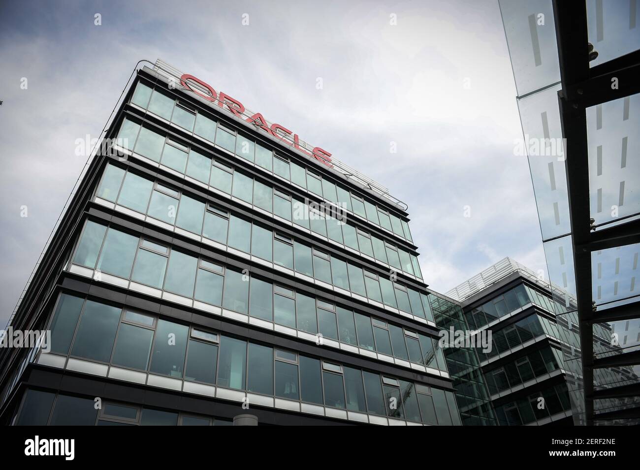 The Oracle Corporation logo is seen at their local offices in Bucharest ...