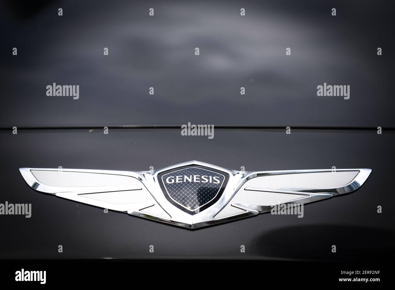 The badge of a Genesis luxury sedan is seen in Bucharest, Romania on ...