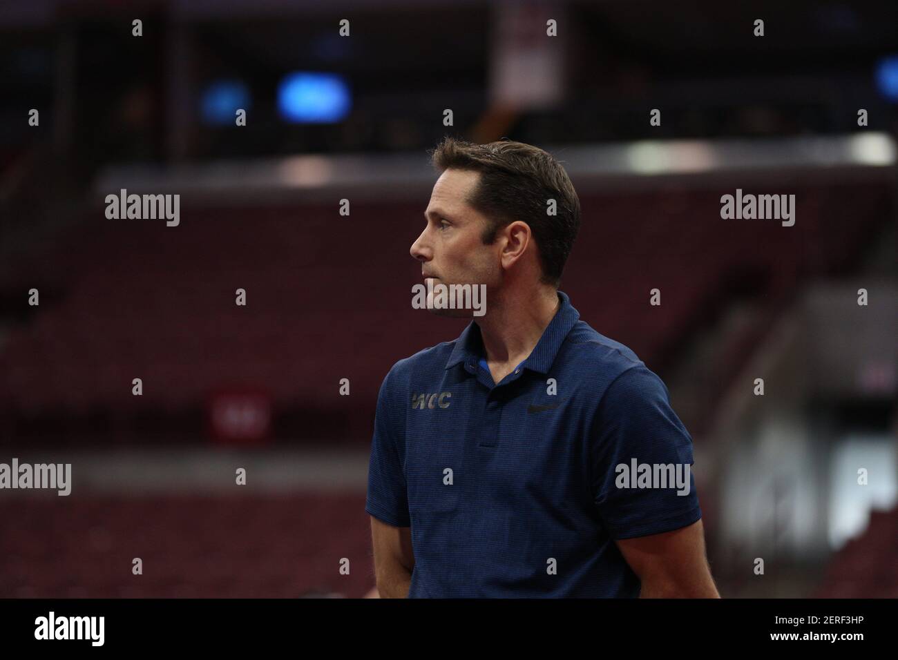July 27, 2018: Coach Laurent Landi watches SIMONE BILES during podium ...