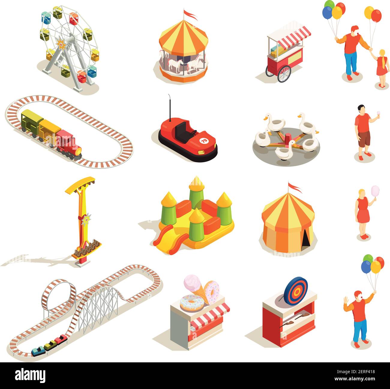 Amusement park attractions and visitors isometric icons set isolated on ...