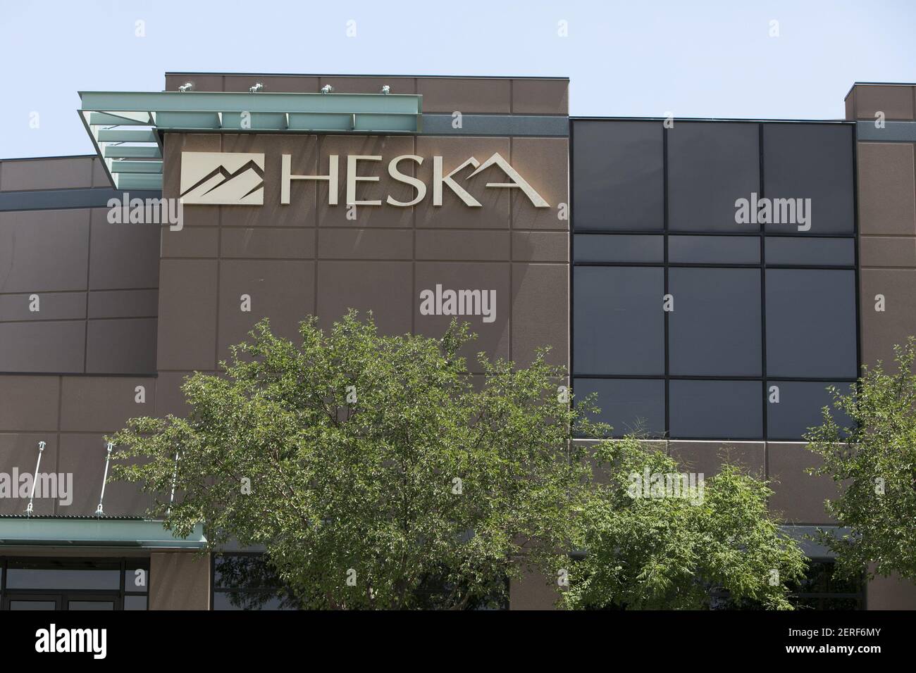 A logo sign outside of the headquarters of Heska in Loveland, Colorado ...