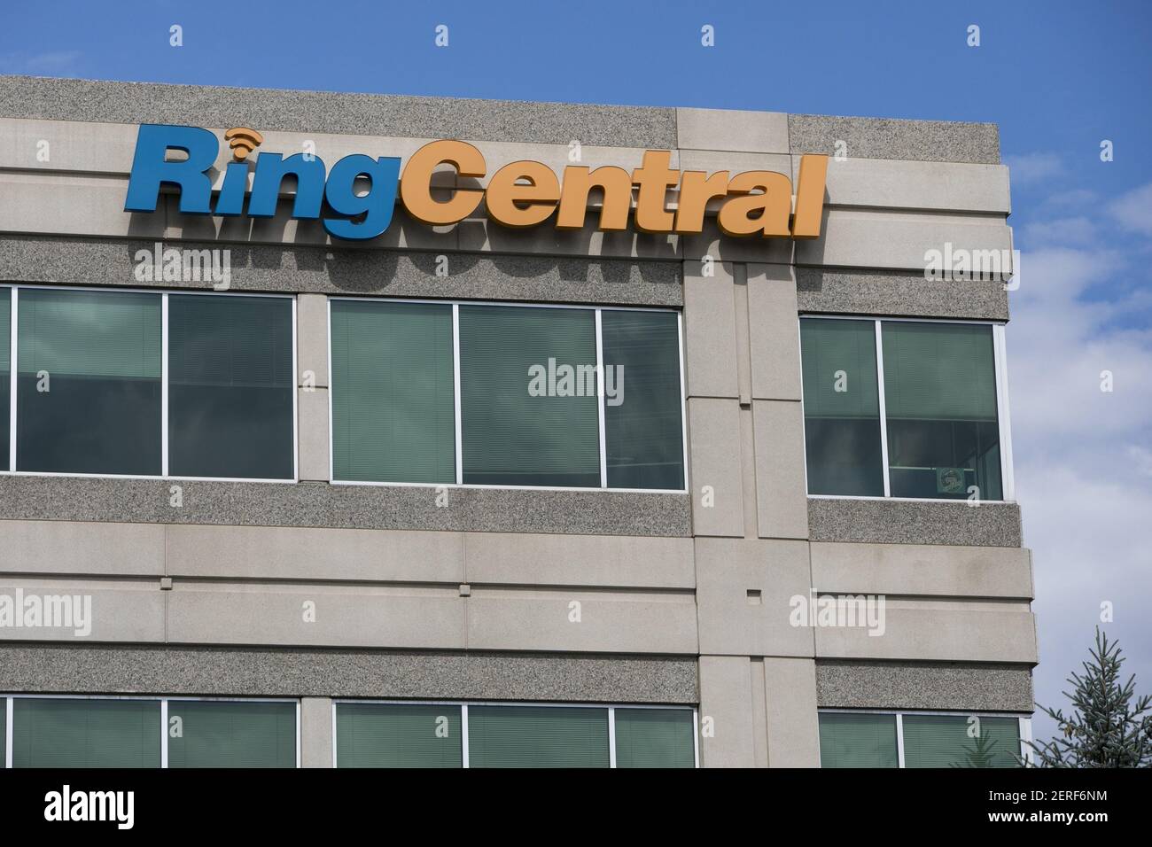 A logo sign outside of a facility occupied by RingCentral in Centennial ...