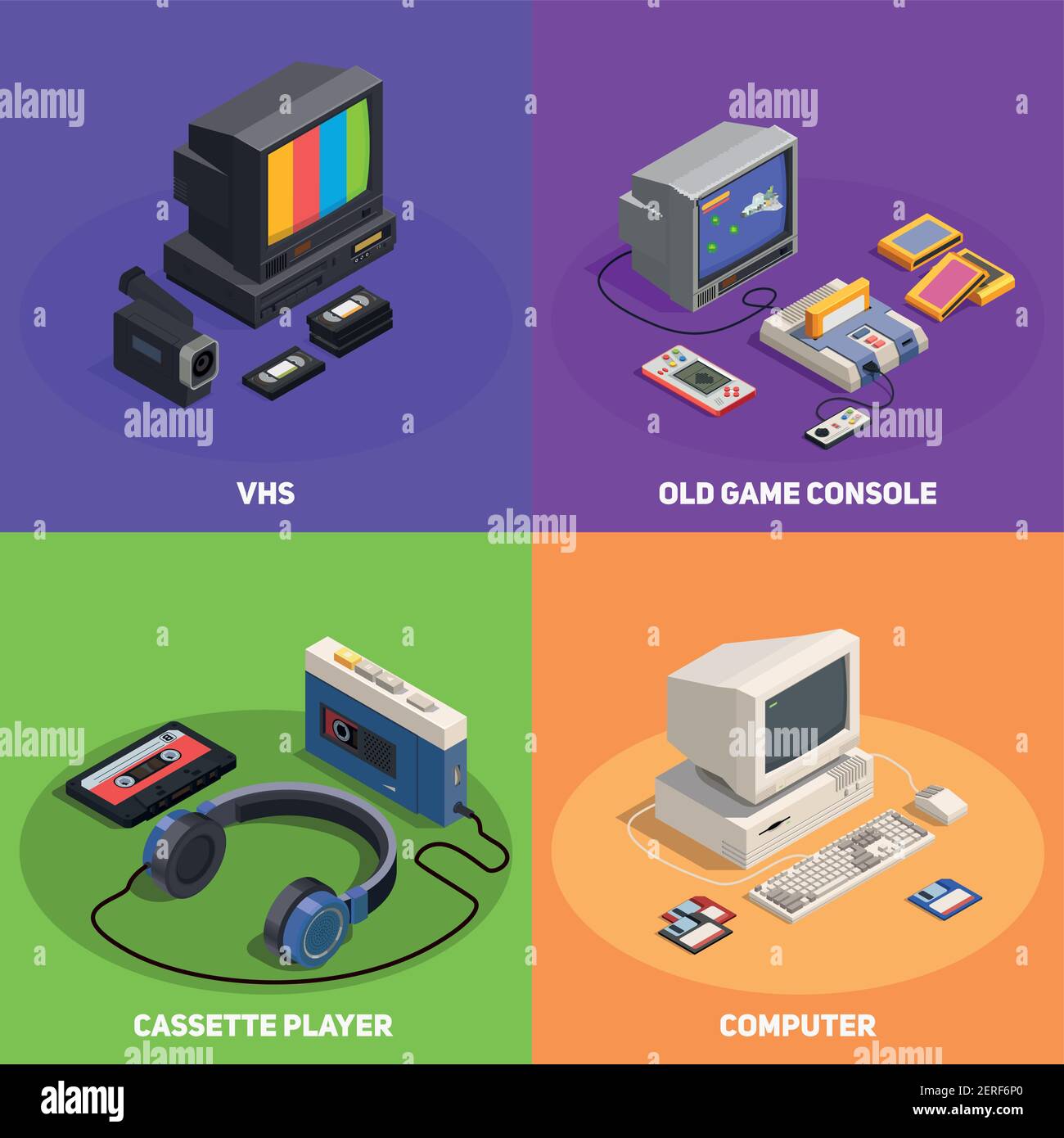 Colorful 2x2 isometric design concept with various retro gadgets such ...