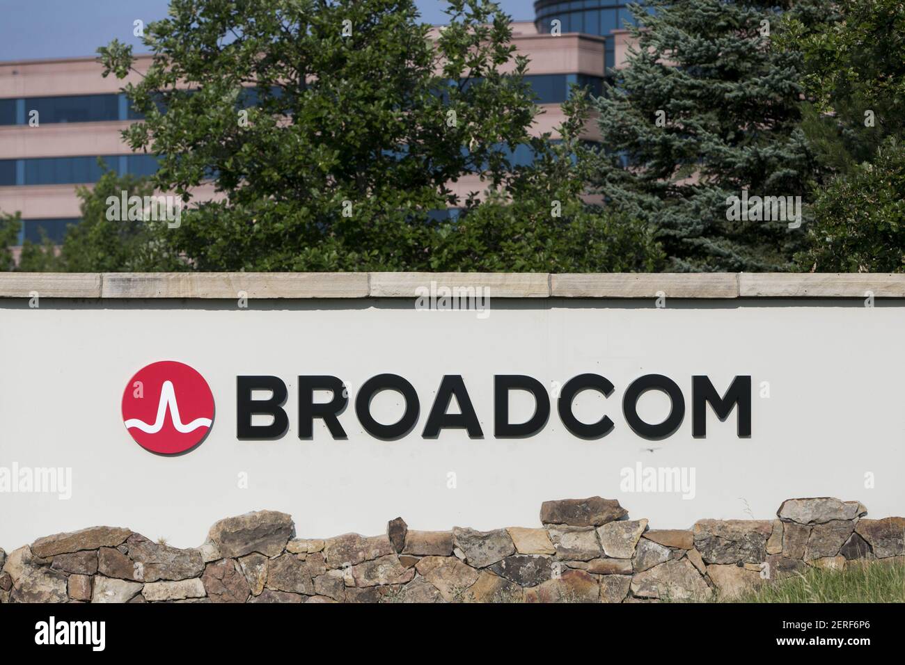 A logo sign outside of a facility occupied by Broadcom, Inc., in ...
