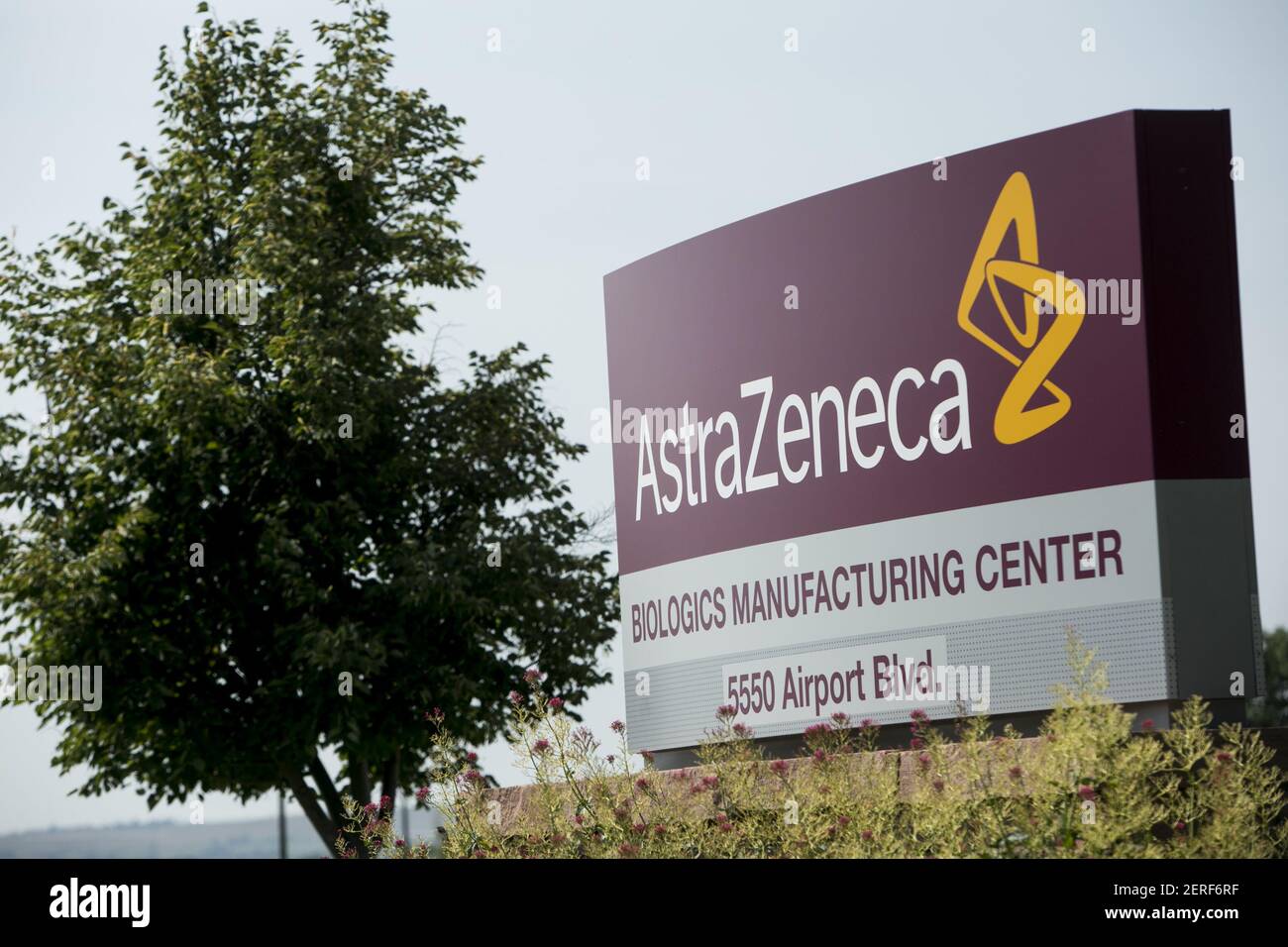 A logo sign outside of a facility occupied by AstraZeneca in Boulder ...