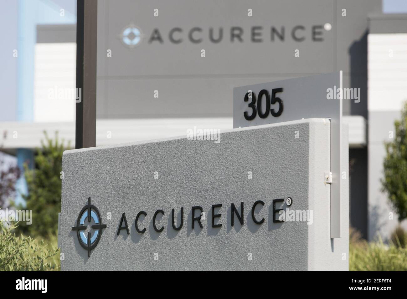 A logo sign outside of the headquarters of Accurence in Louisville ...