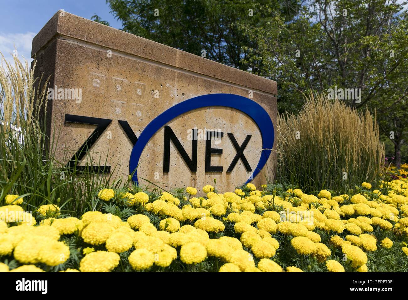 A logo sign outside of the headquarters of Zynex Medical in Englewood ...