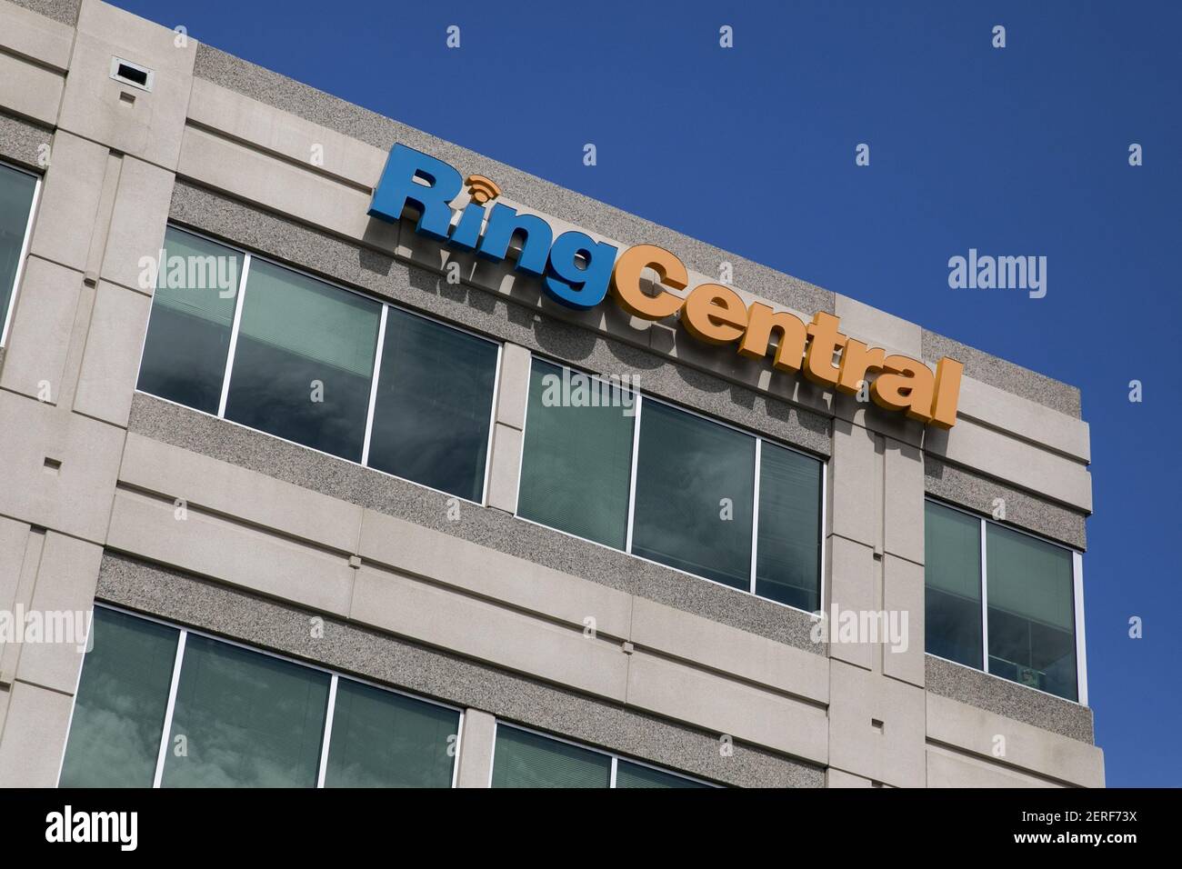 A logo sign outside of a facility occupied by RingCentral in Centennial ...
