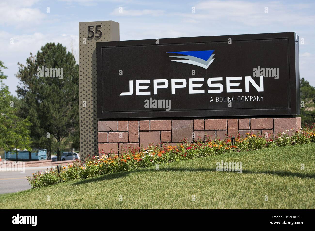 A logo sign outside of the headquarters of Jeppesen in Englewood ...