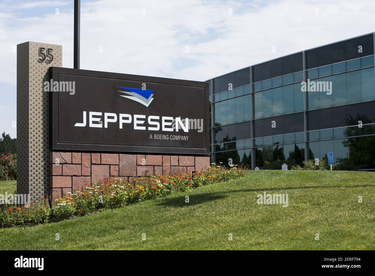 A logo sign outside of the headquarters of Jeppesen in Englewood ...