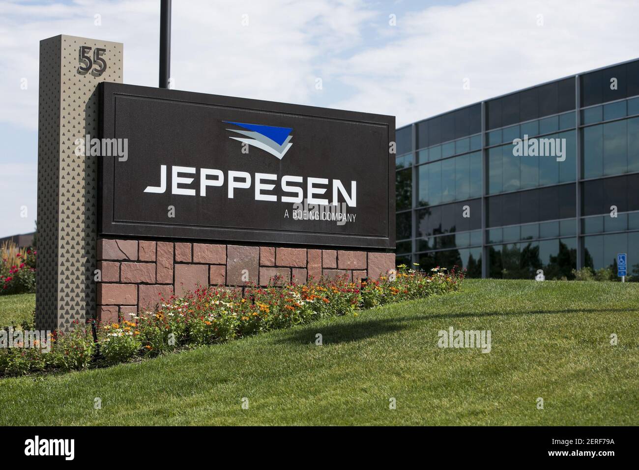A logo sign outside of the headquarters of Jeppesen in Englewood ...