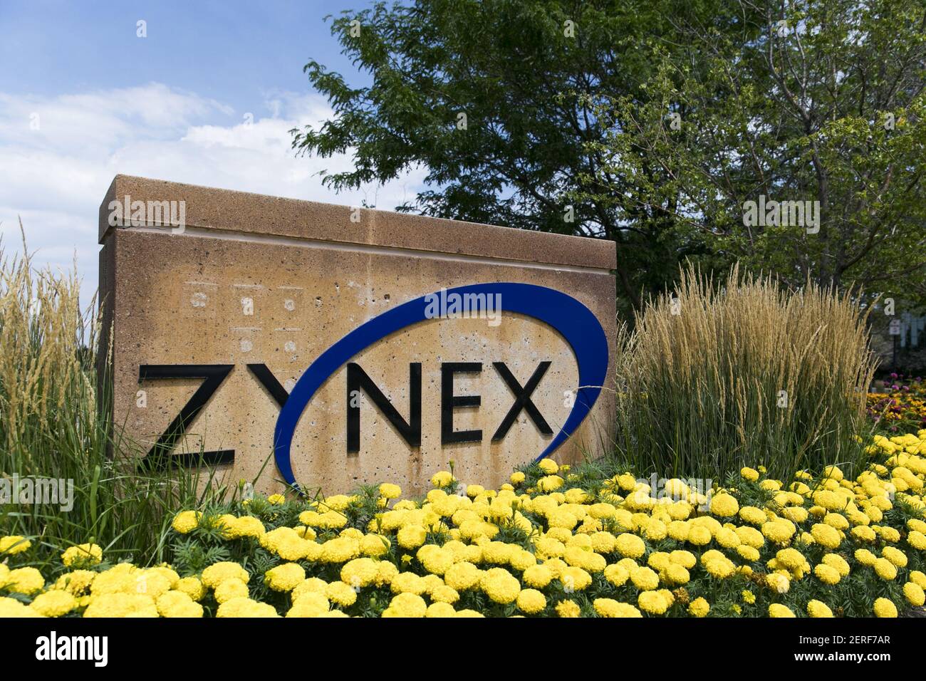 A logo sign outside of the headquarters of Zynex Medical in Englewood ...