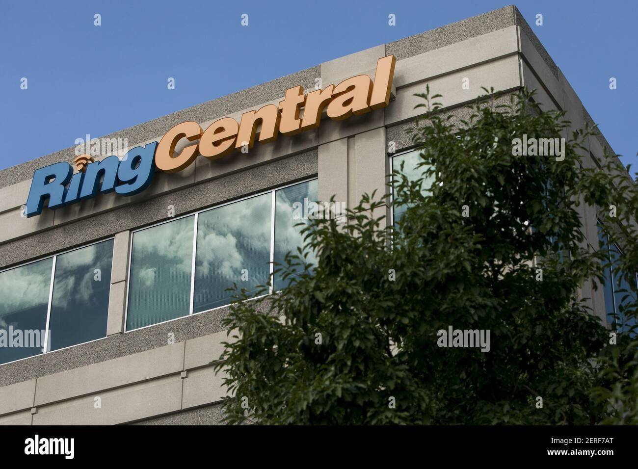 A logo sign outside of a facility occupied by RingCentral in Centennial ...