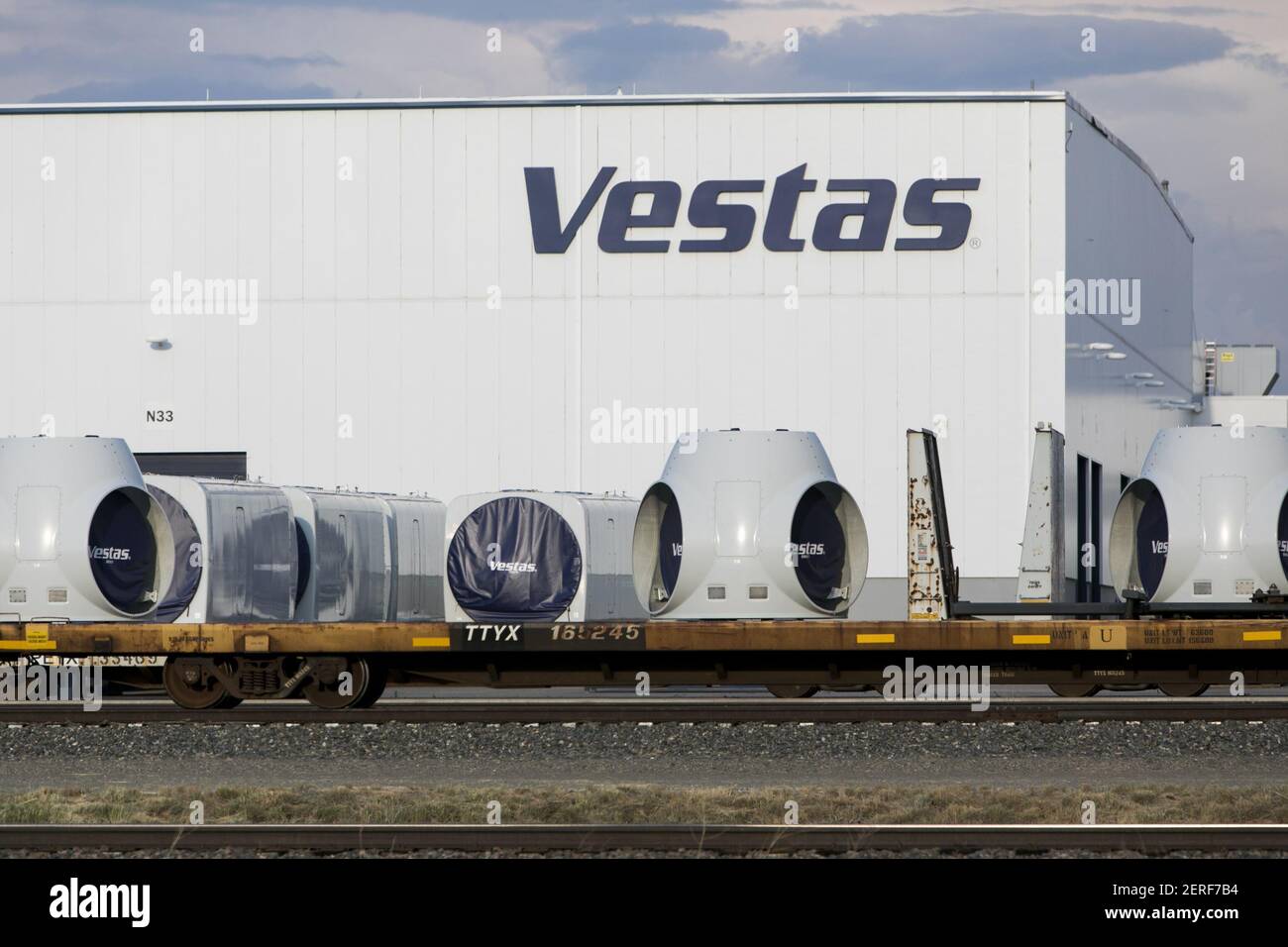 A logo sign outside of a facility occupied by Vestas Wind Systems in ...