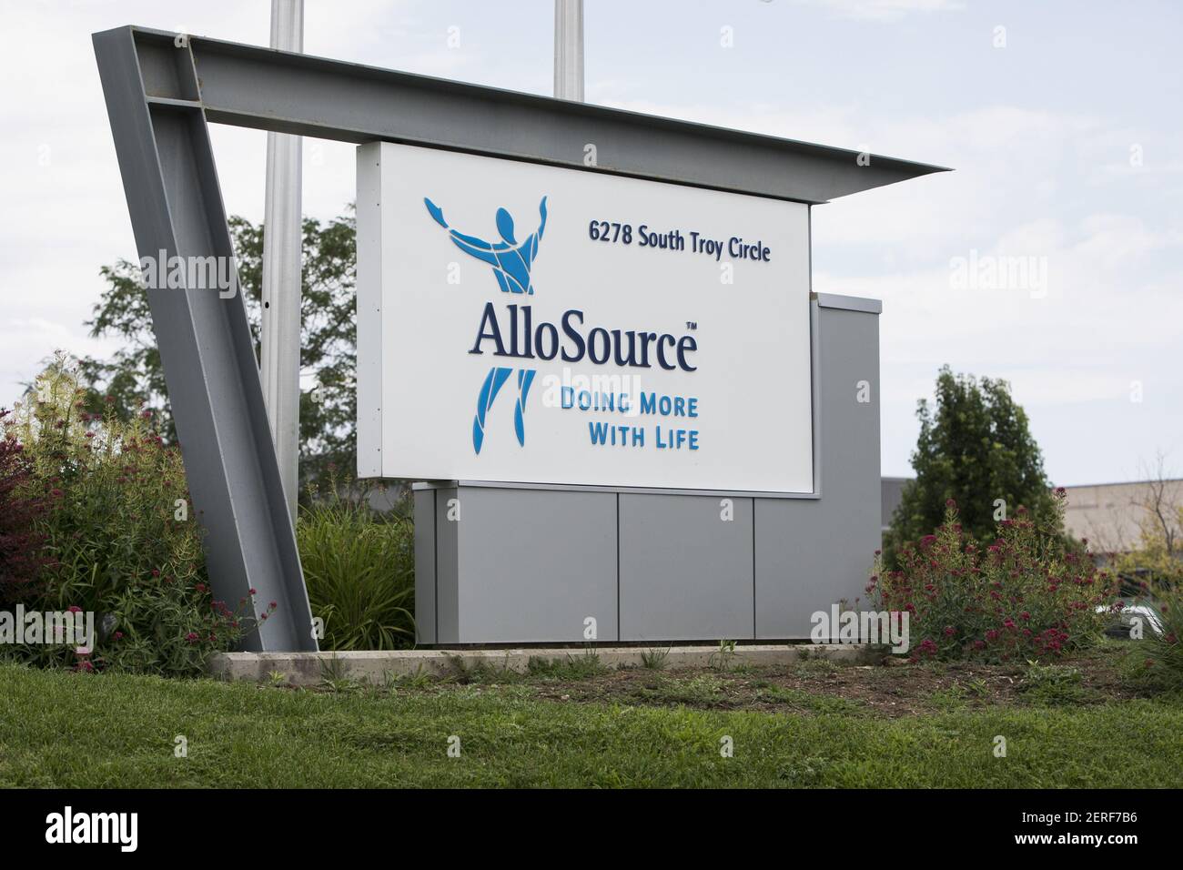 A logo sign outside of the headquarters of AlloSource in Centennial ...