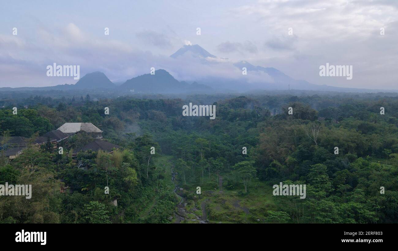 Aerial view of Mount Merapi Landscape with rice field and village in ...
