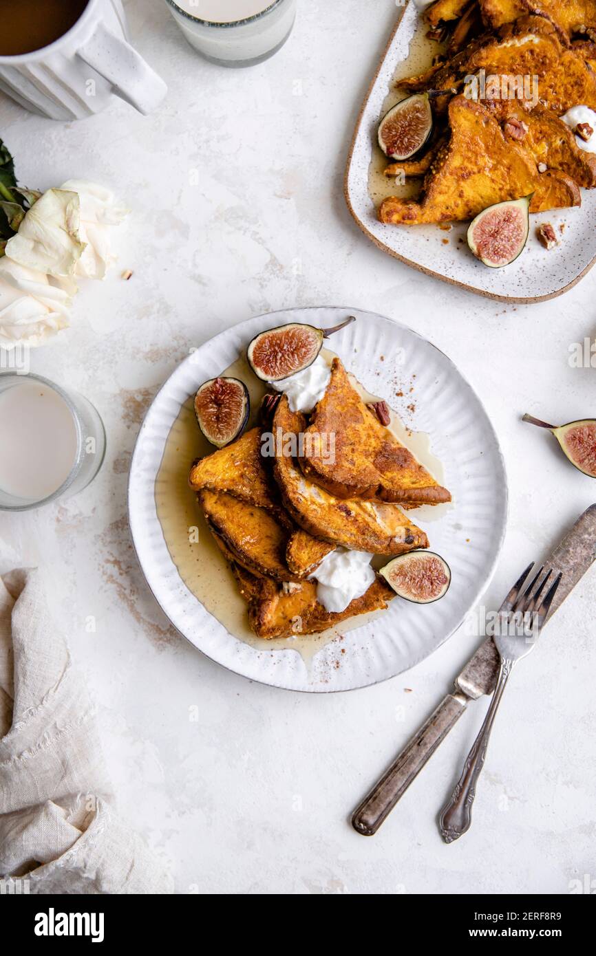 Pumpkin French Toast with maple syrup and figs Stock Photo - Alamy