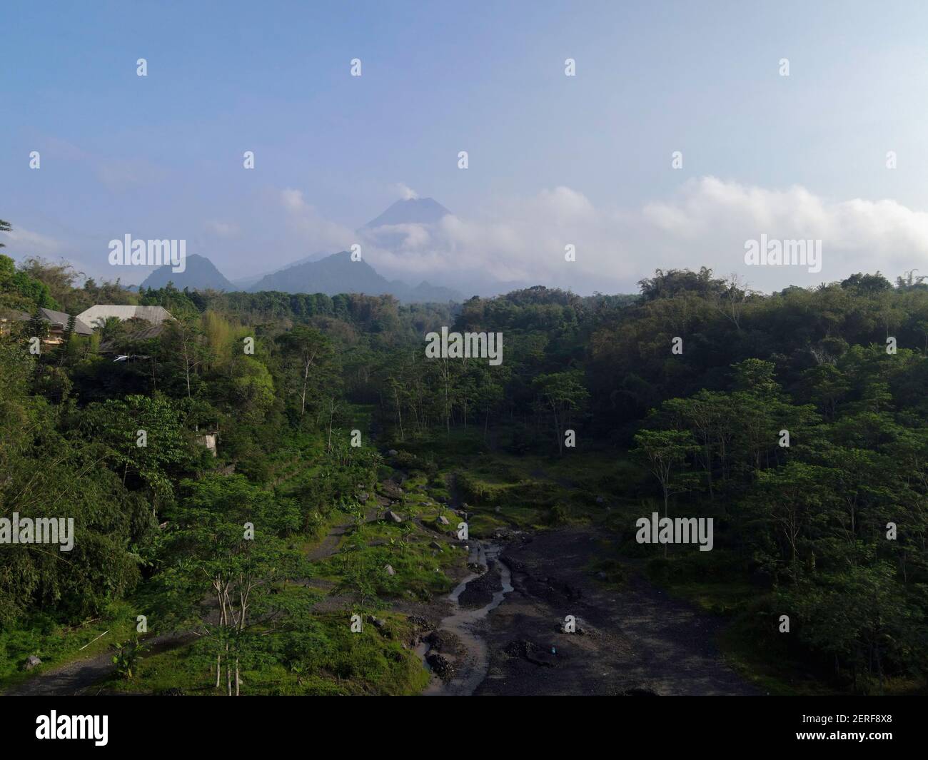Aerial view of Mount Merapi Landscape with rice field and village in ...